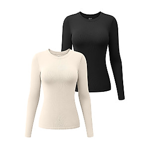 OQQ Women's 2 Piece Long Sleeve Shirt Crew Neck Stretch Fitted Underscrubs Layer, Black,beige, Medium