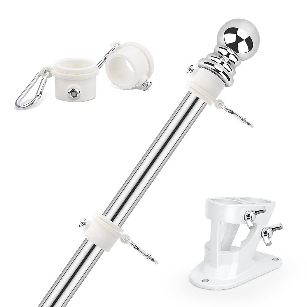 Loretoy Flag Poles for Outside House, 5ft Flag Pole with Bracket and Rings, Stainless Steel Wall Mounted Flag Pole Kit for House Yard Garden Outdoor Residential or Commercial (Silver)