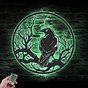Raven Metal Wall Art with LED Light Crow Moon Sign Home Decor Black Horror Bird Decoration Man Cave Hanging Door Housewarming Halloween