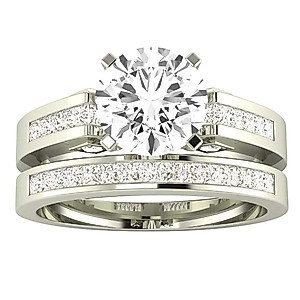 Houston Diamond District 3 Carat Lab 14K White Gold Synthetic Lab Grown Round Channel Set Princess Wedding Bridal Set IGI Certified Diamond Engagement Ring (2 Ct, H-I Color, VS1-VS2 Clarity Center)