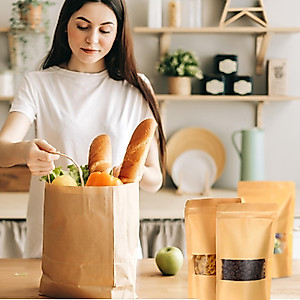 Ctosree 300 Pcs Kraft Pouch with Window Bulk Kraft Stand up Zipper Pouch 5 x 8 Inch Stand up Kraft Bags Kraft Zipper Pouch for Food Storage Reusable Heat Sealable Bag for Small Business Packaging Home