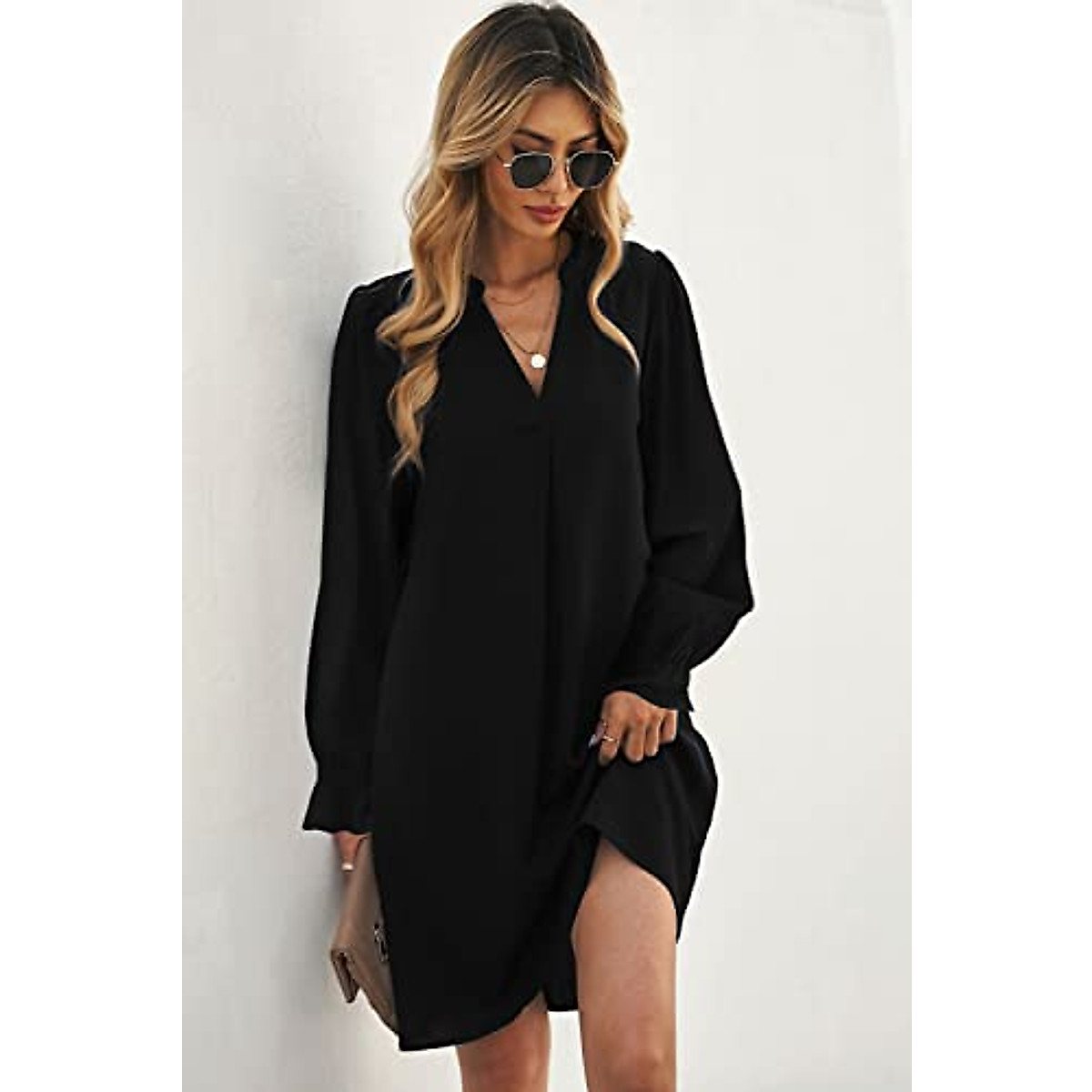 MARZXIN Casual 2025 Mini Dresses for Women Split V Neck Ruffled Sleeves Shirt Dress Long Sleeve Fall Formal Dresses Black L