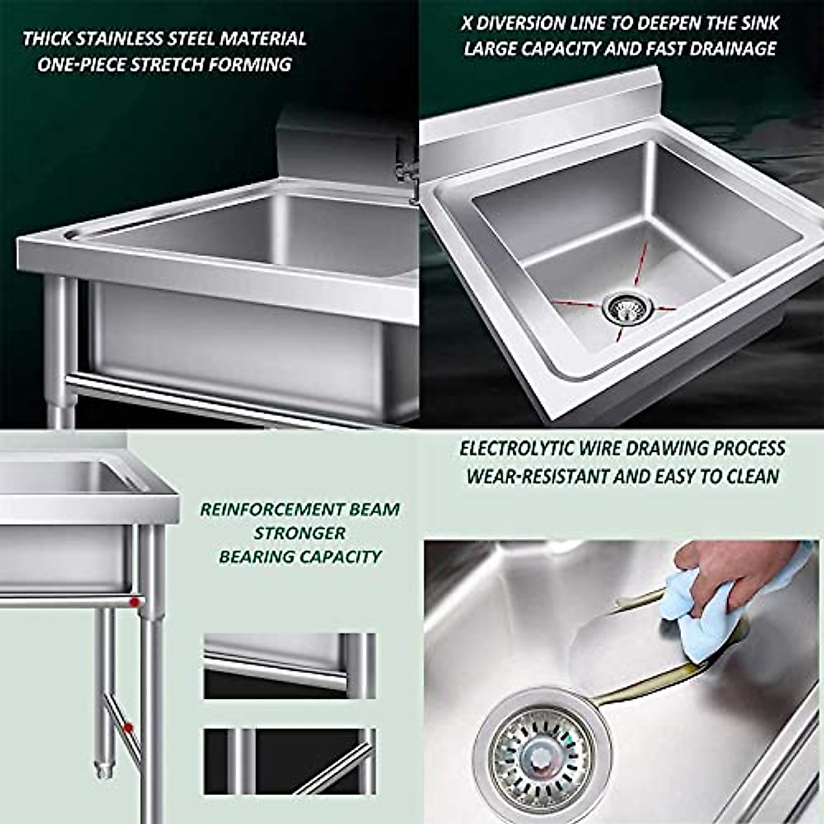 Free Standing Commercial Sink Thickened Portable Single Bowl Stainless Steel Hand Washing Sink Suitable for Outdoor Indoor Garage Kitchen Laundry (50 X 50 X 80cm)