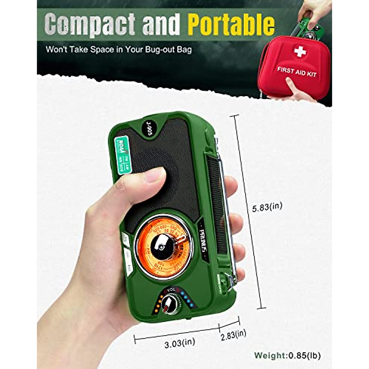 PRUNUS 3600mAh Emergency Radio Hand Crank/Solar/USB Charging, Bluetooth Speaker, Flashlight,Phone Charger,SOS Alarm, Power Bank, MP3,7 NOAA Weather Radio, Portable Radio Transistor AM FM