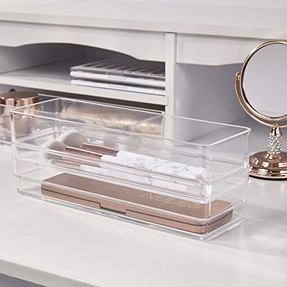 STORi SimpleSort 6-Piece Stackable Clear Drawer Organizer Set | 9" x 3" x 2" Rectangle Trays | Narrow Makeup Vanity Storage Bins and Office Desk Drawer Dividers | Made in USA