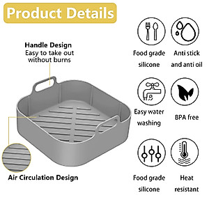 Silicone Air Fryer Basket Liners,2 PCS Reusable Square Air Fryer Liners,Air Fryer Silicone Baking Tray for 3.6 to 6.8 QT Oven Microwave Accessories(Pink + Gray)