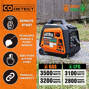 GENMAX Portable Inverter Generator, 3500W Super Quiet Gas or Propane Powered Engine with Parallel Capability, Remote/Electric Start, Ideal for Camping Travel Outdoor.EPA Compliant (GM3500iAED)