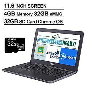 ASUS 2021 Newest Chromebook 11.6 Inch Laptop, MediaTek MT8173C 2.1GHz, 4GB RAM, 32GB eMMC, WiFi, Bluetooth, Webcam, Chrome OS + NexiGo 32GB MicroSD Card Bundle