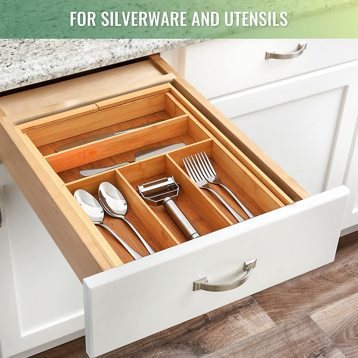 Sanduby Kitchen Drawer Organizer, Expandable Silverware Organizer and Silverware Tray for Drawer, Large Bamboo Drawer Organizer Kitchen Utensil Organizer, 13"-23" Wide Cutlery Organizer in Drawer