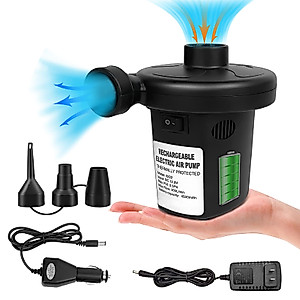 Portable Electric Battery Air Pump for Inflatables, Camping Air Mattress Pump with 3 Nozzles for Airbed Inflatable Pool Inflator Deflator Pump Car Adapter AC/DC Air Pump