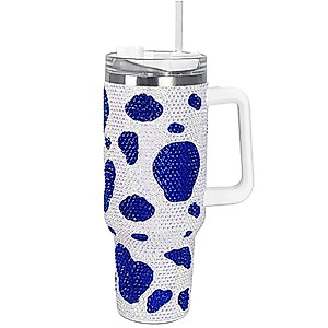 Cupcupmore 40oz Dark Blue Cow Bling Rhinestone Stainless Steel Sippy Tumbler Glitter Vacuum Insulated Water Bottle with Straw & Lid & Handle,Thermos for Hot & Cold Drinks,Car Cup Holder,Coffee