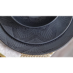 bzyoo BPA-Free Dishwasher Safe 100% Melamine Plastic Plate & Bowl Set Casual dining Indoor and Outdoor Dining Party Environmental Friendly (12 PCS set, Service for 4, La la Mandala -black)