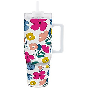 Mary Square Darling Daisy Pink Floral 30 ounce Stainless Steel Water Tumbler with Handle