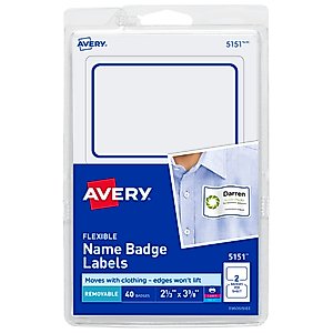 Avery Flexible Printable Name Tags, 2-1/3" x 3-3/8", White with Blue Border, 40 Removable Name Badges (05151)