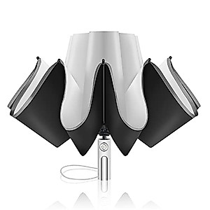 BangBoom Automatic Reverse Folding Umbrella Windproof Waterproof Inverted Sun Protection Umbrella with Reflective Tape, Portable Travel Umbrellas with Reinforced Frame for Rainy Sunny Days (White)