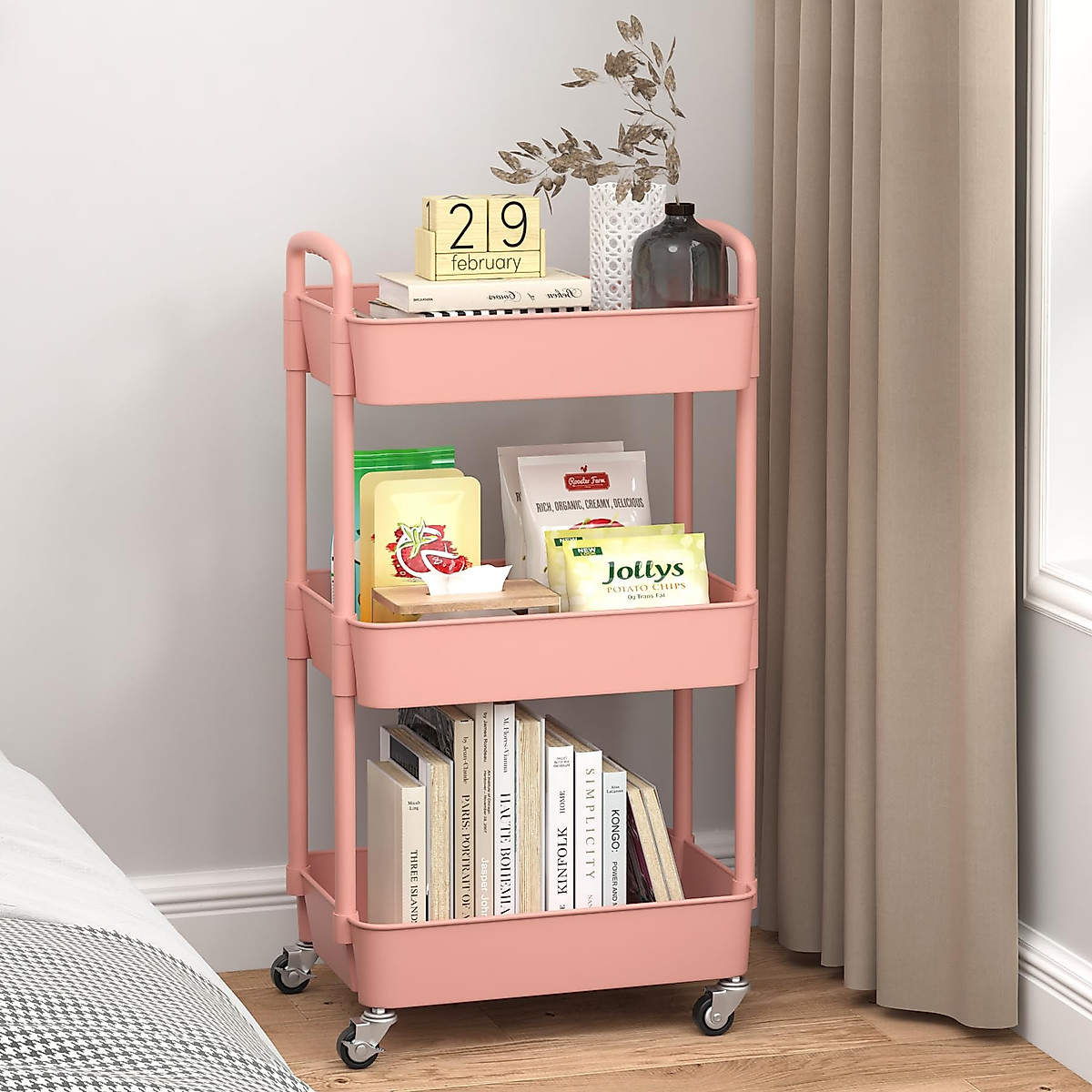 Sywhitta 3-Tier Plastic Rolling Utility Cart with Handle, Multi-Functional Storage Trolley for Office, Living Room, Kitchen, Movable Storage Organizer with Wheels, Pink