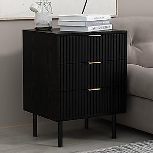 conifferism Fluted Black Nightstand 3 Drawers, 19" Small Bedroom 26" Tall Bedside Night Stand, Mid Century Modern Bed Side Couch End Table Living Room, Light Gold Handle