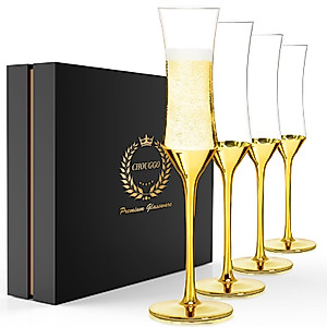Chouggo Golden Colored Champagne Flutes Set of 4 with Premium Gift Box - Unique Golden Stem and Bottom Design - Act Deco Long Stem Hand Blown Crystal Champagne Glass - 5.5Oz