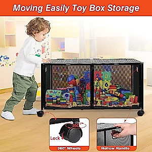 Haturi Large Metal Toy Box Storage, 2 Pack Large Toy Storage and Organizer with Metal Lid, Collapsible Sturdy Toy Organizer with Wheels, Storage Boxes Bins Baskets for Playroom, Living Room, Bedroom