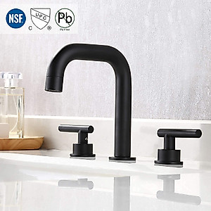 KES Black Faucet for Bathroom Sink 8-Inch Widespread 3 Hole Modern Vanity 2 Handle Brass with Supply Hoses, Sink Drain Not Included, L4317LF-BK