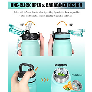 Oldley Insulated Water Bottle 20oz for Adults Kids Stainless Steel Water Bottles with Straw/Chug/Carabiner 3 Lids Fruit Strainer Double Wall Vacuum Wide Mouth BPA Free Leak-Proof for School Travel