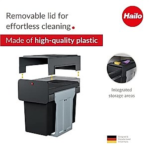 Hailo Ecoline Design L | Built-in Pull-Out Waste Separation System | 2 x 14 L / 2 x 3.7 gal Recycling Trash can (Black) | Removable Bins Made from 100% Recycled Plastic