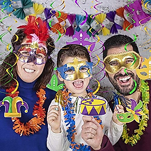 SUNKIM 24Pcs Mardi Gras Decoration Carnival Party Supplies Hanging Swirl Party Decoration Kit with Masquerade Masks Crown Pattern for Mardi Gras Theme Party Carnival New Orleans Photo Prop Supplies VeteransDay