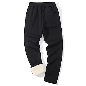 Flygo Men's Winter Warm Active Fleece Joggers Pants Athletic Sherpa Lined Sweatpants(02 Black-L)