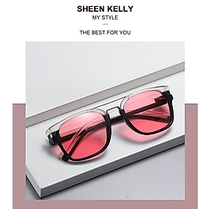 SHEEN KELLY Polarized Square Sunglasses for Men Women Retro Rectangular TR90 Frame Red Pink Tinted Lens Eyewear