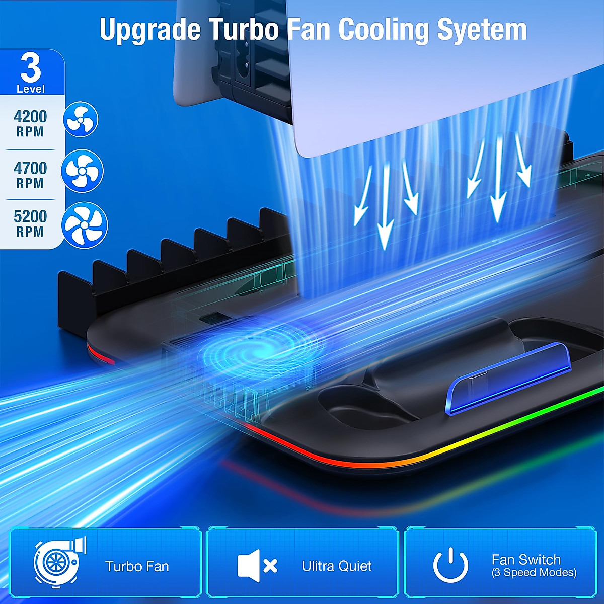 PS5 Stand, PS5 Slim Stand with Cooling Station and Controller Charging Station for PS5 Slim Console Disc/Digital, PS5 Accessories-Cooling Fan, RGB LED, Headset Holder, 15 Game Slot for Playstation 5