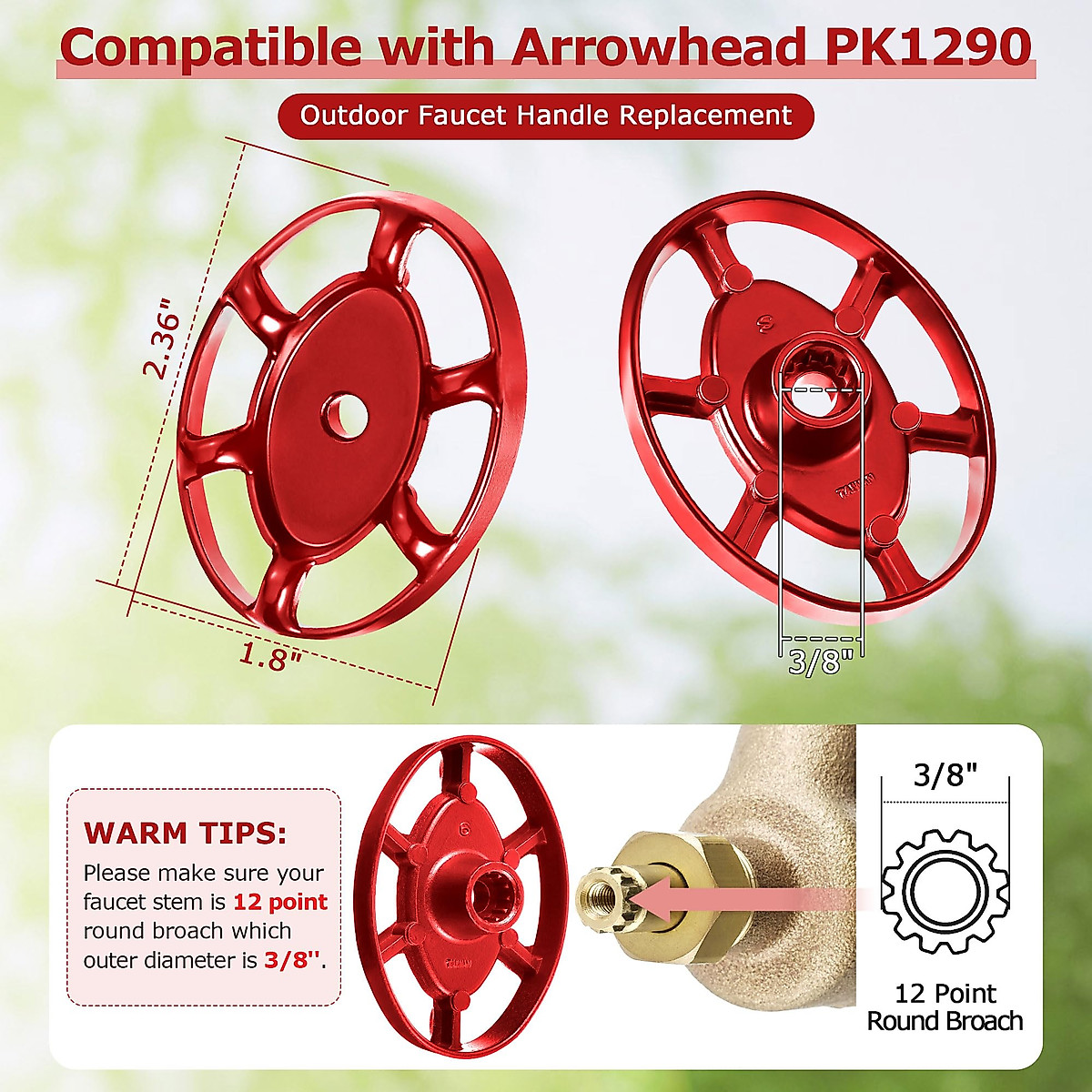 Dreyoo 2 Pack Outdoor Faucet Handles, Oval Spigot Handles Compatible with Arrowhead PK1290, 12 Point Faucet Knob for Outside Hose Bibb, Garden Valves and Frost Proof Wall Hydrants (Red)