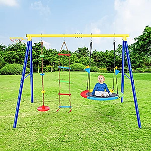 4 in 1 Outdoor Toddler Saucer Swing Set for Backyard, Playground Tree Swing Sets with Steel Frames, Climbing Rope with Disc Tree Swing Playset and Basketball Hoop for Kids