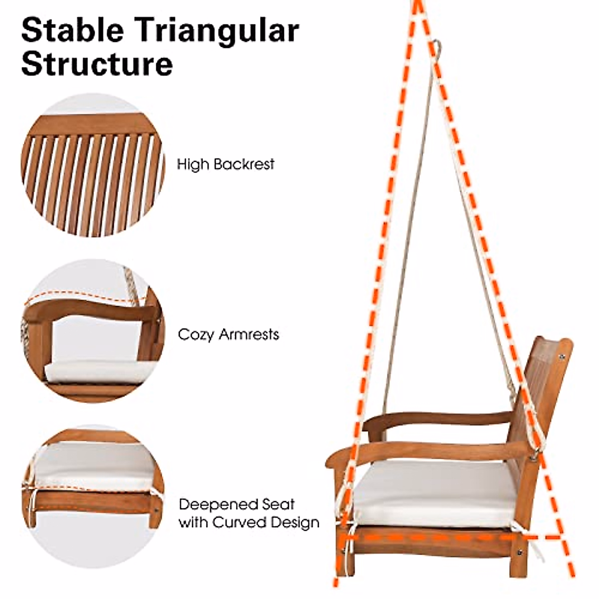 Tangkula 2 Person Hanging Porch Swing, Outdoor Bench Swing with Chains, High Back, Cozy Armrests, Heavy Duty 800Lbs Wooden Hanging Swing Chair with Cushion for Backyard, Deck, Garden