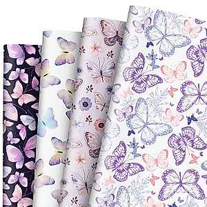 AnyDesign 12 Sheet Butterfly Wrapping Paper Purple Pink Butterfly Gift Wrap Paper Bulk Spring Art Paper for Wedding Baby Shower Birthday DIY Crafts Gift Packing,19.7 x 27.6 Inch, Folded Flat, 4 Design