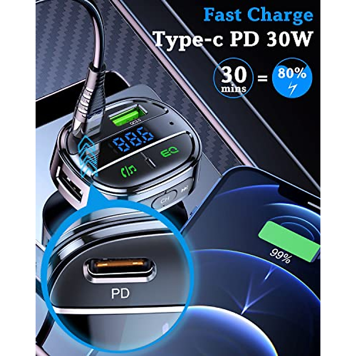 LIHAN FM Transmitter Car Bluetooth Adapter, LIHAN Wireless Aux Radio, Hands-Free Call, Type-C & Fast Car Charger, MP3 Music Player, Support USB Drive/TF Card