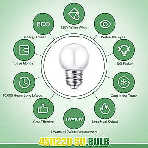 LED Night Light Bulb 1 Watt Low Wattage LED Bulbs 7.5 Watt Equivalent 4511220 Lighting S11 White LED Lightbulb Small Globe with E26 Medium Base G45 2700k Not Dimmable for Outdoor Christmas, 8 Pieces