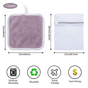 SINLAND Microfiber Makeup Remover Cloths 12 Pack Reusable Makeup Remover Pads Facial cloths Face Washcloths with Mesh Bag 6 x 6inch Purple