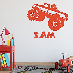 Room Wall Decor - Monster Truck with Customized Name Vinyl Decal Stickers for Home in Teen, Kids, Baby Boys Bedroom, Bathroom, Nursery or Man Cave - Custom Sizes and Colors Fit Any Themed Living Space