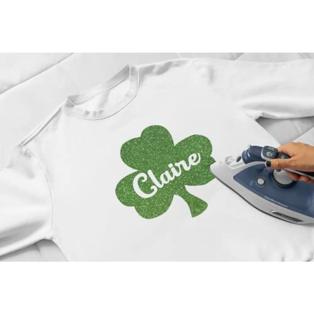 Personalized Name Shamrock Iron On Decal, Shamrock Name, Heat Transfer, Tshirt Decal, Applique, St. Patrick's Day Decal, Iron On Patch, DIY (Green Glitter)