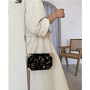 HANDAFA Elegant Velvet Clutch Handbag Star and Moon Evening Bag Chain Box Bag For Wedding Party(Black)