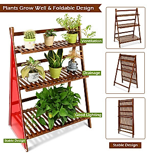 COSTWAY Bamboo Plant Stand, Foldable Multifunctional Flower Display Ladder Shelf, 3-Tier Storage Rack