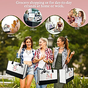 Ini-tial Can-vas Beach Bag w Makeup Bag, Personalized Birthday Gifts, Floral Tote Bags for Women w Inner Pocket, Gift Box, Card, 50th Birthday Gifts for Women, Bridesmaid Bride Sister Wedding Gifts M