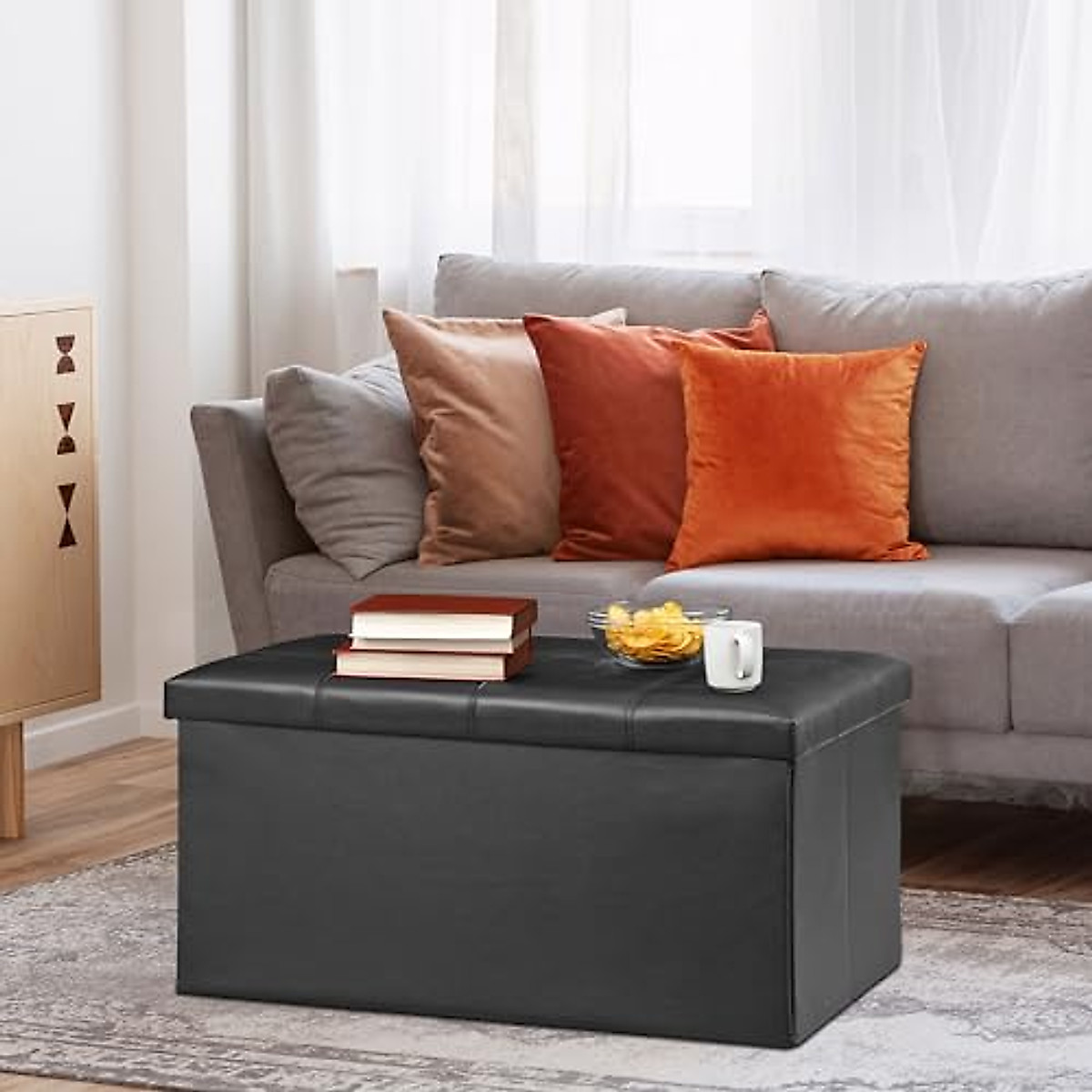 SUPER DEAL Leather Storage Ottoman Bench 30 Inches Folding Footrest with Padded Seat Large Toy Sotrage Chest Long Box for Livingroom Bedroom Entryway, 30"x15"x15", Black