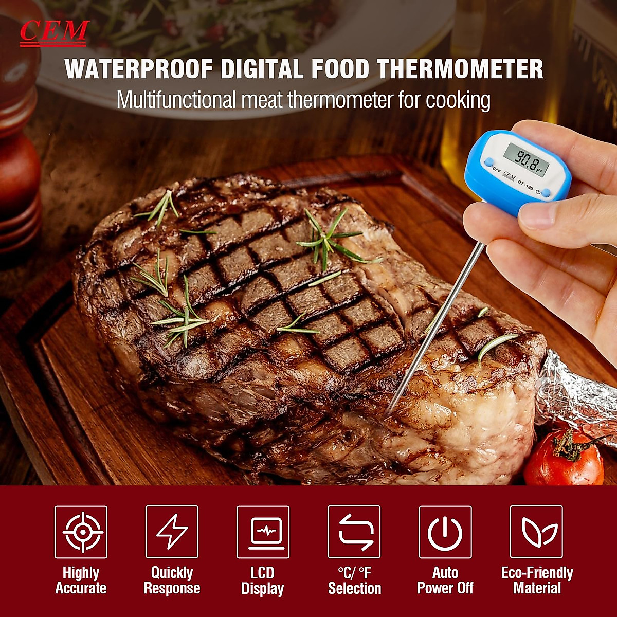 CEM Instant Read Digital Meat Thermometer for Food, Bread Baking, Water, and Liquid. Waterproof and Long Probe with Meat Temp Guide for Cooking, Display with Backlit DT-130(Blue)
