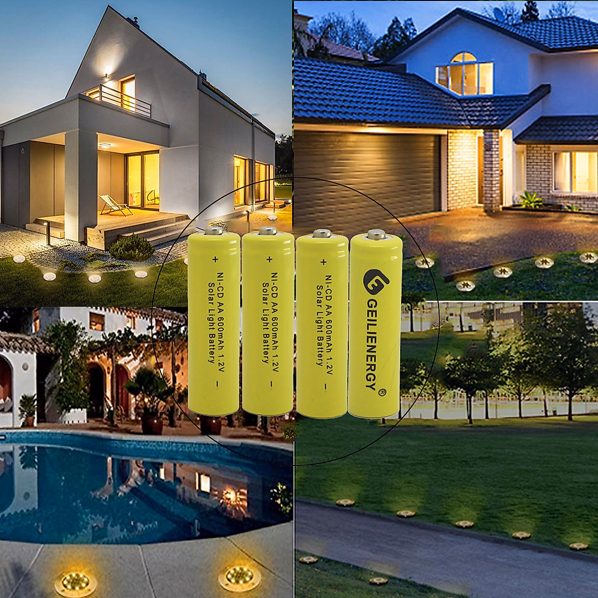 GEILIENERGY Solar Light Batteries AA Ni-Cd AA 600mAh 1.2V Rechargeable Batteries AA Rechargeable Batteries for Solar Lights Solar Lamp(Pack of 4)