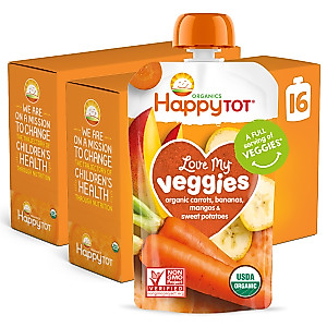 Happy Tot Organics Stage 4 Baby Food Pouches, Gluten Free, Vegan Snack, Love My Veggies, Fruit & Veggie Puree, Carrott, Banana, Mango & Sweet Potato, 4.22 Ounce (Pack of 16)