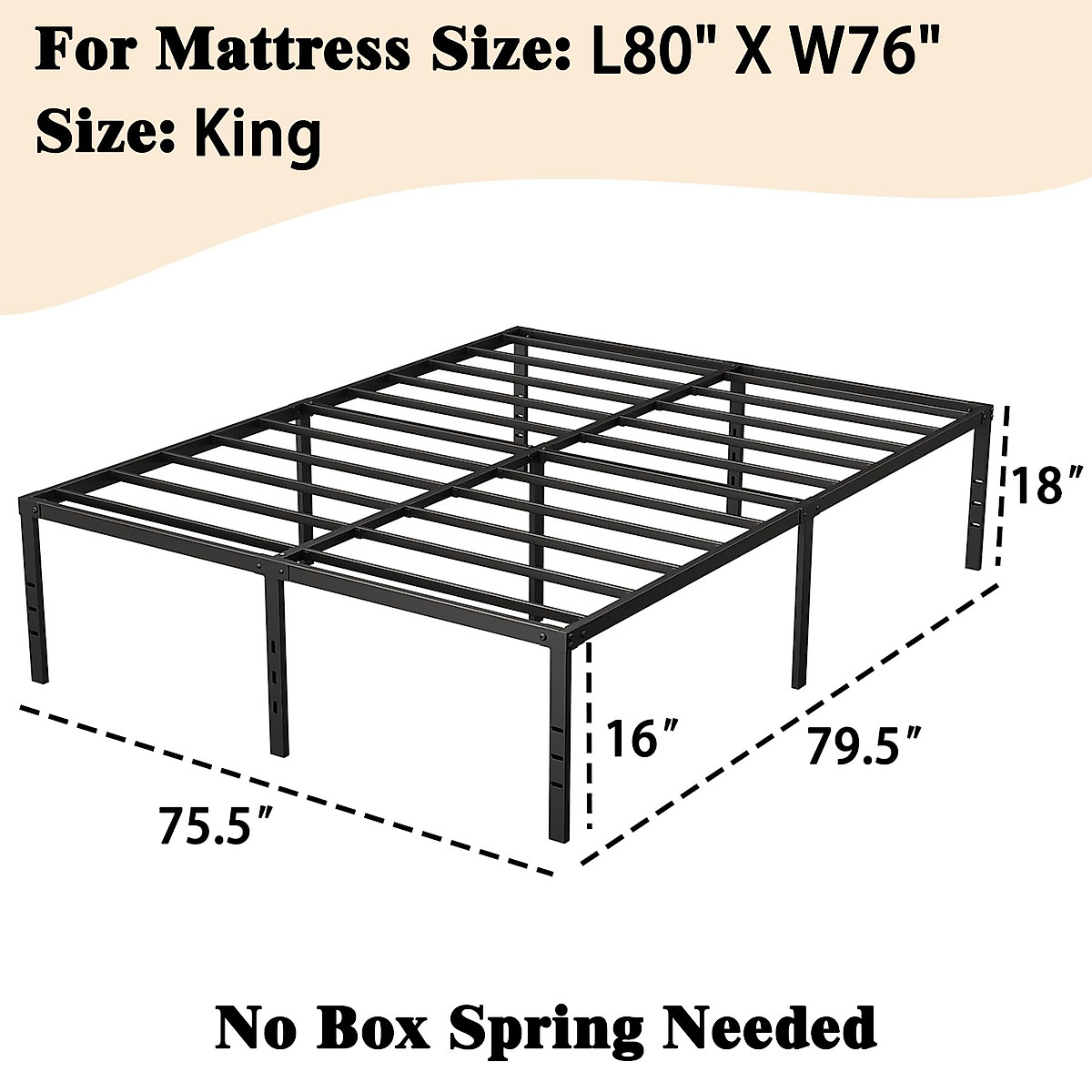 Jebosam 18 inch High King Bed Frame No Box Spring Needed Heavy Duty Steel Support 2500 lbs King Size Bed Frame Easy to Assemble Non-Slip Noise Free Black King Size Metal Bed Frame