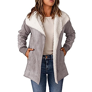 Dokotoo Womens Winter Warm Long Sleeve Open Front Fleece Jacket Stand Collar Sherpa Lined Outerwear Fashion Thicken Faux Suede Coats Jackets for Women 2024,XL,Gray