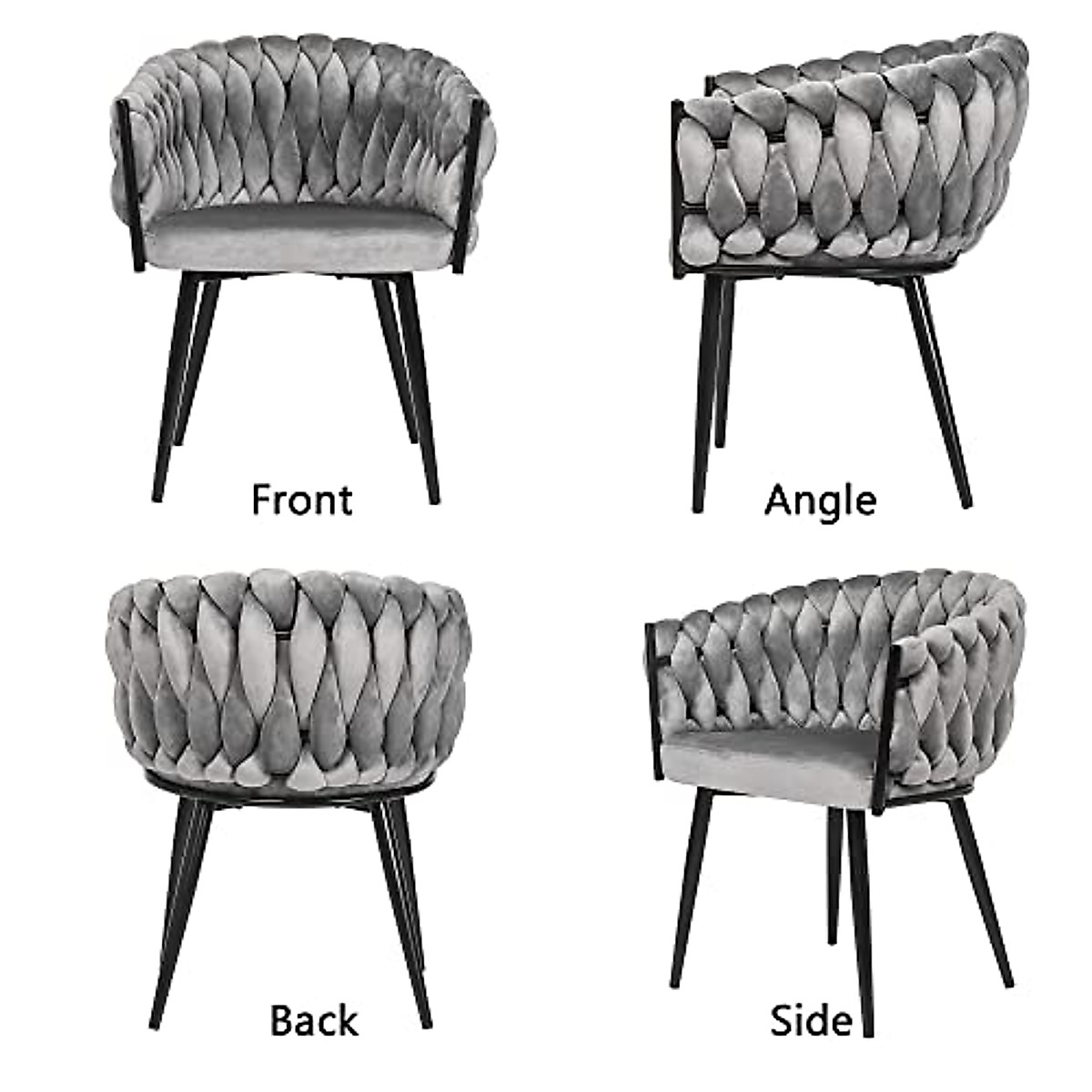 Homebeez Velvet Upholstered Dining Chairs Modern Accent Chairs,Hand-Woven Side Chairs with Black Metal Legs Set of 2, for Dining Room, Living Room, Kitchen,Gray