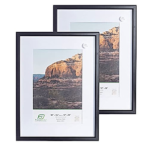 FrameWorks 2-Pack 1 3/8" Thick Black Wooden Shadow Box Picture Frames 18” x 24” with Removable White Mat to 12" x 18" Photo